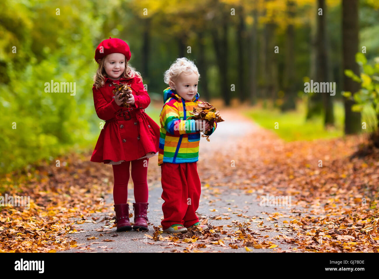 Kids playing in autumn park. Children play outdoors on a sunny fall day ...