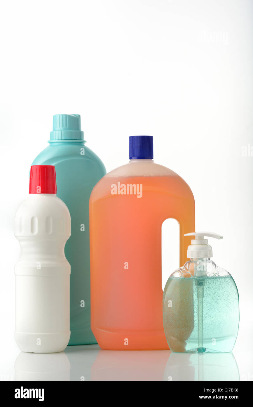 Household Cleaning And Personal Hygiene Bottles on White Background ...