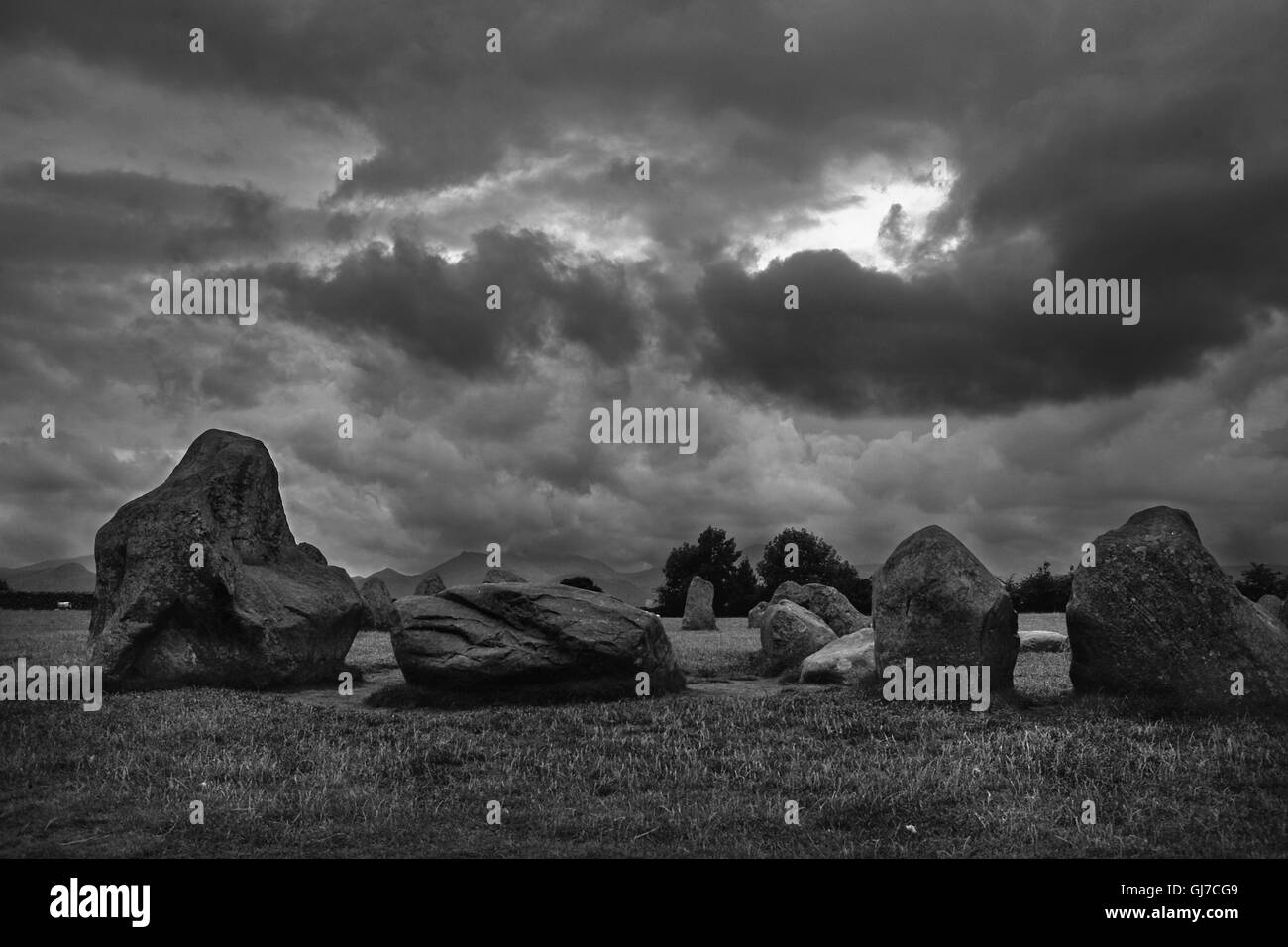Stormy evening sky over Castlerigg stone circle, Lake District, Cumbria ...