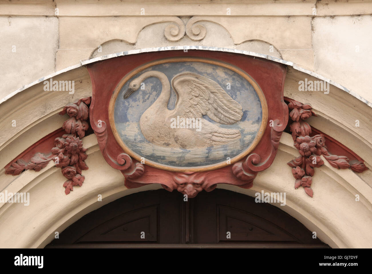 House sign on the House at the White Swan in Nerudova Street in the ...