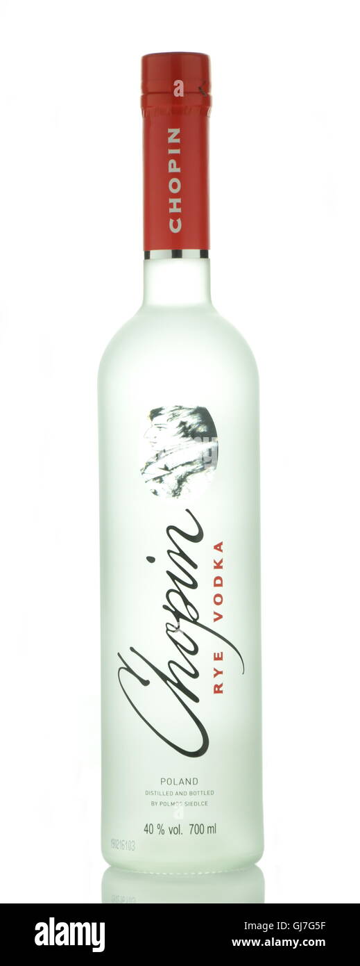 Chopin vodka isolated on white background. It is produced in Siedlce ...