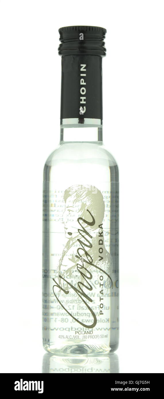 Chopin vodka isolated on white background. It is produced in Siedlce ...