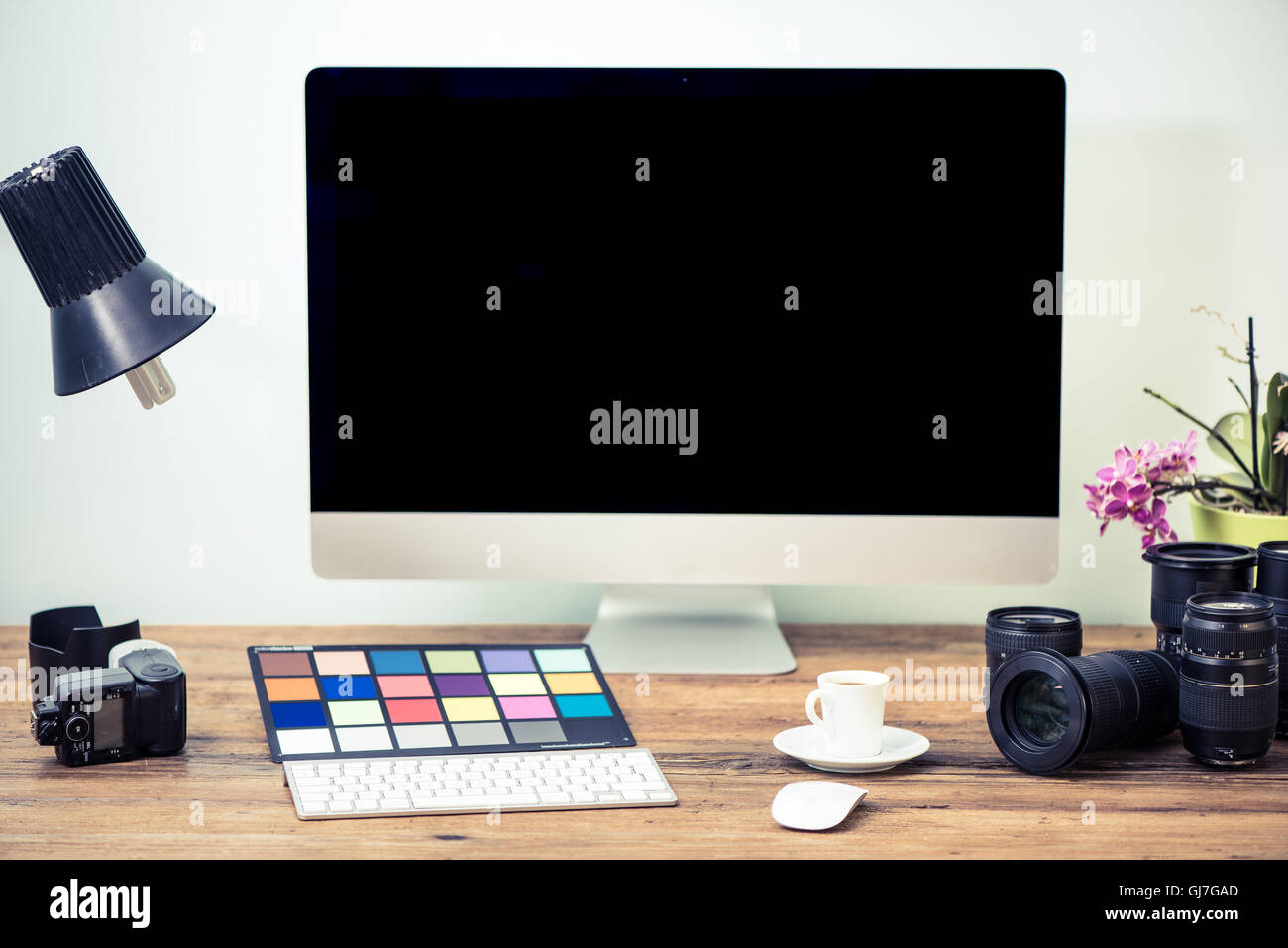 professional photographer wooden desk with equipment and computer Stock ...