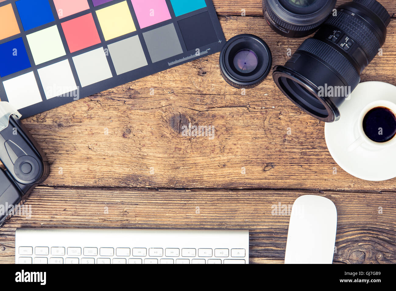 photography related objects on desk, top view Stock Photo - Alamy