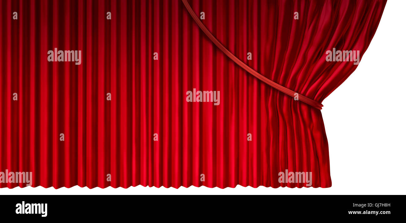 Curtain reveal as cinema or theater drapes with red velvet material ...