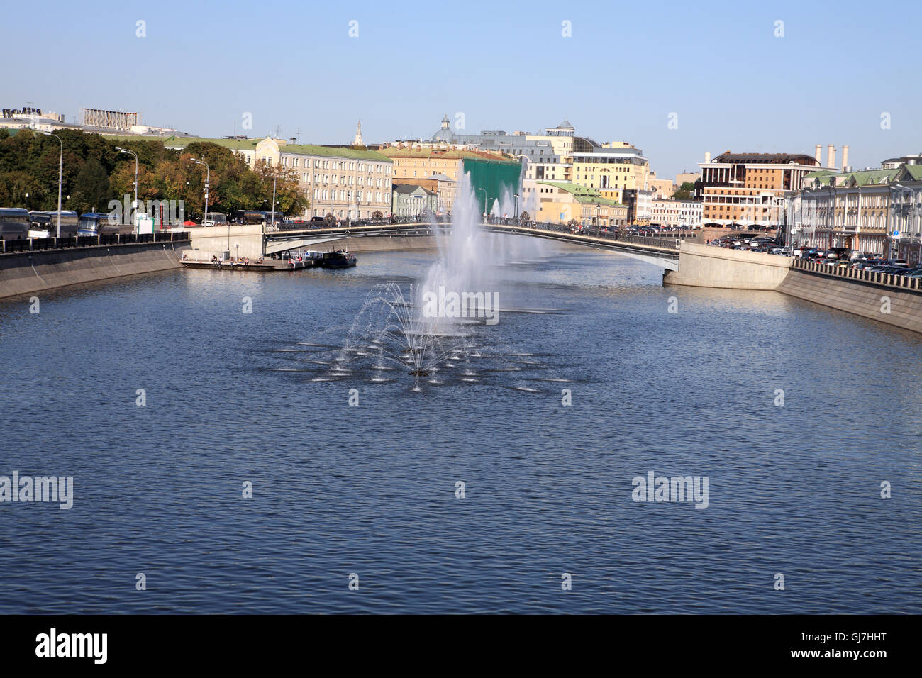 many fountain on river Stock Photo - Alamy