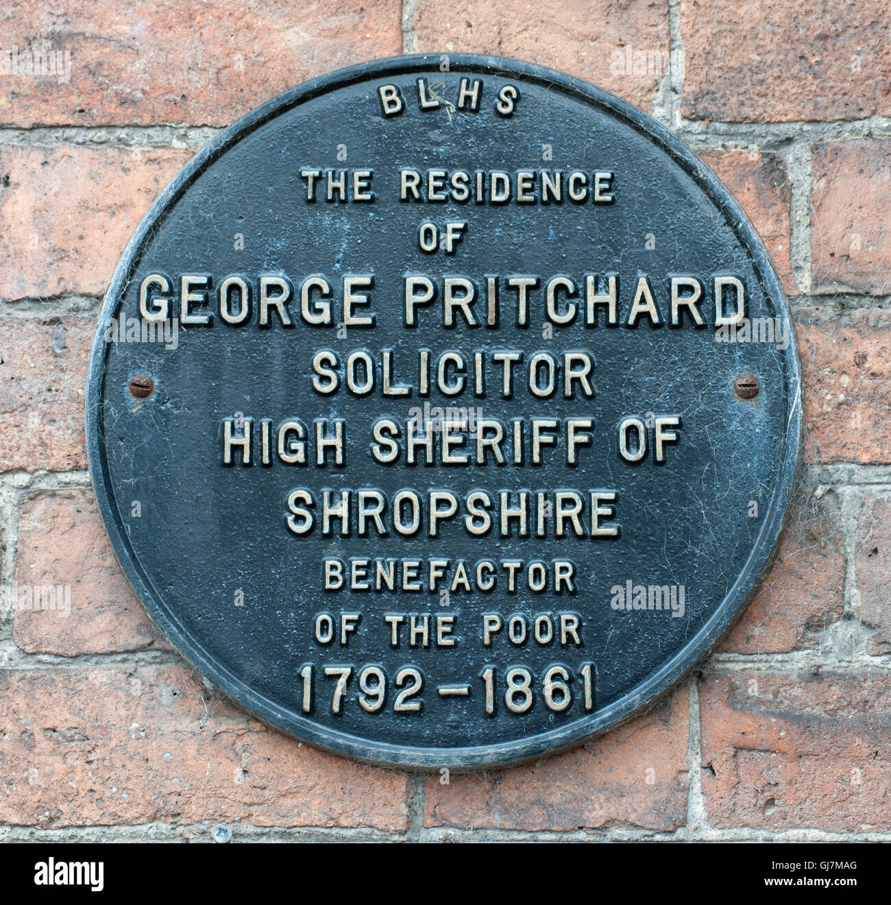 Plaque for George Pritchard, High Sheriff of Shropshire, at Bank House ...