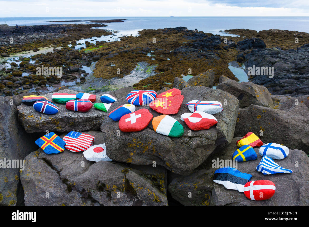 Akranes, at the lighthouse, stones with flag symbol Stock Photo - Alamy