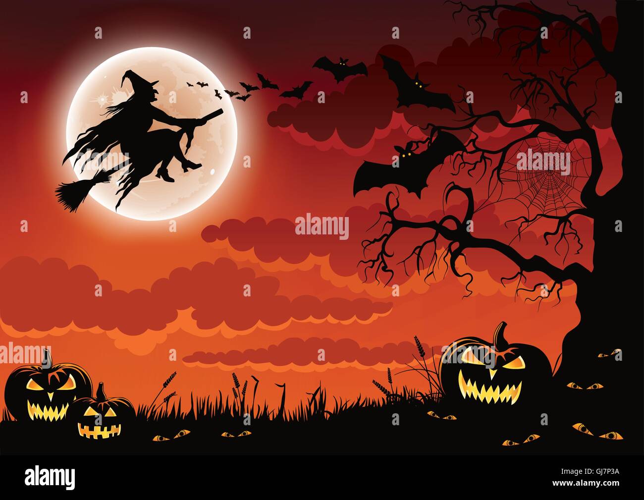 Halloween themed vector illustration with scary pumpkins, bats, peering ...