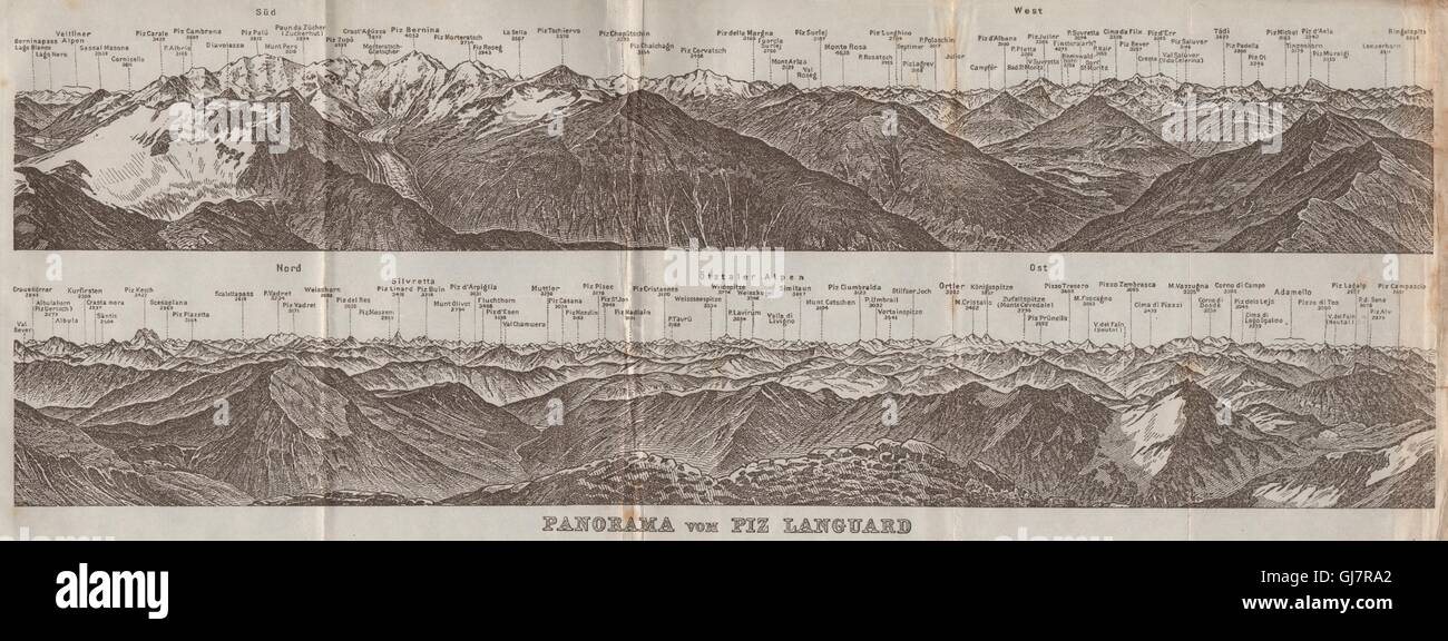 PIZ LANGUARD PANORAMA. Bernina Roseg Monte Rosa Mont Blanc Cristallo ...