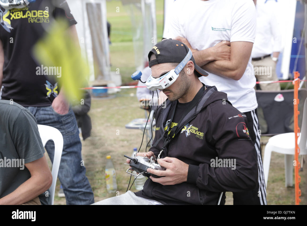 Drone Racing Queen's Cup 2016. Gary Kent pilots his drone during a race ...