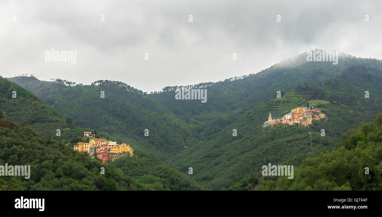 Italy, Liguria, mountain village, village, wood, hill, scenery, clouds ...