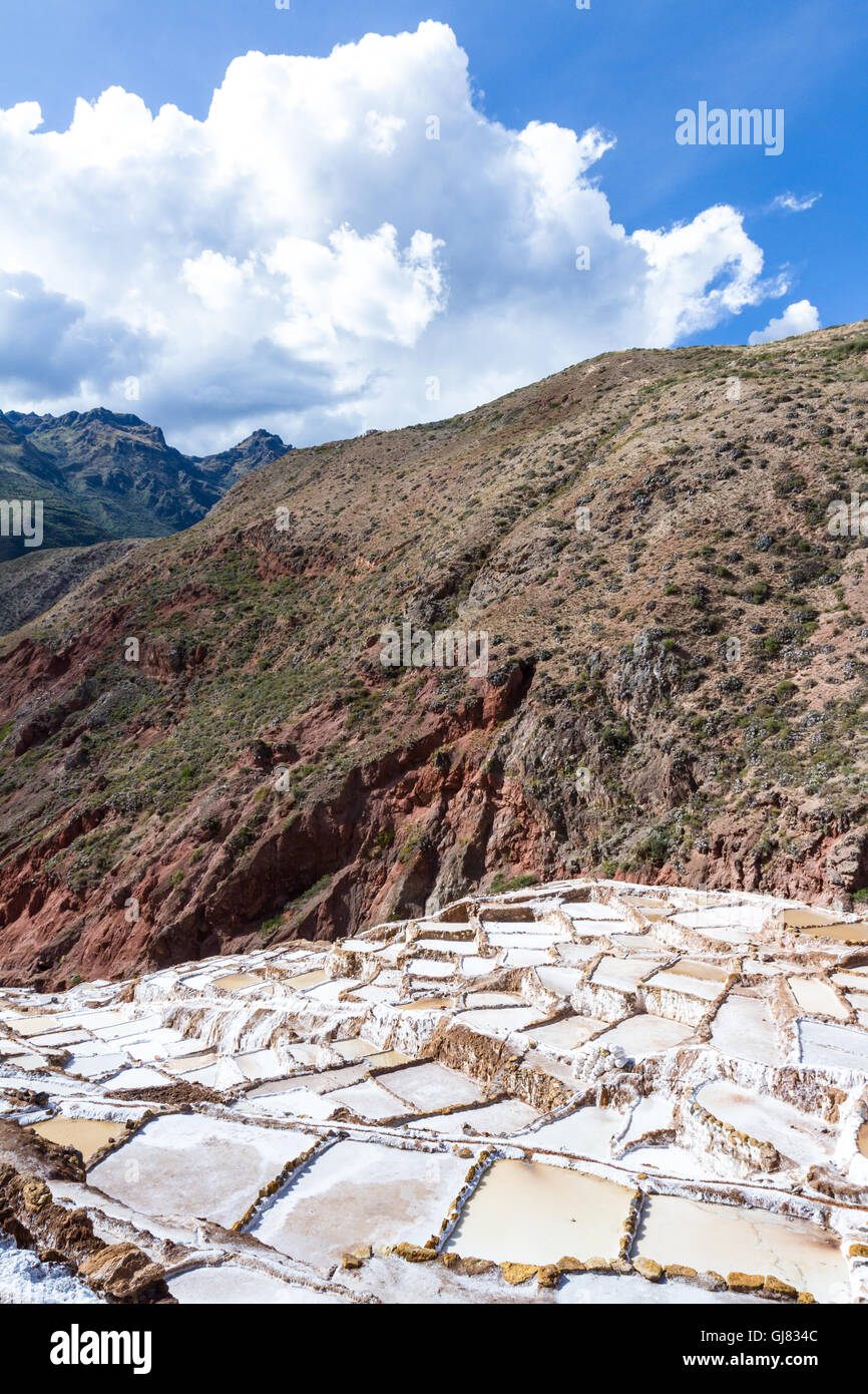 Salt ponds in Maras Peru covering a hillside with rich minerals and a ...
