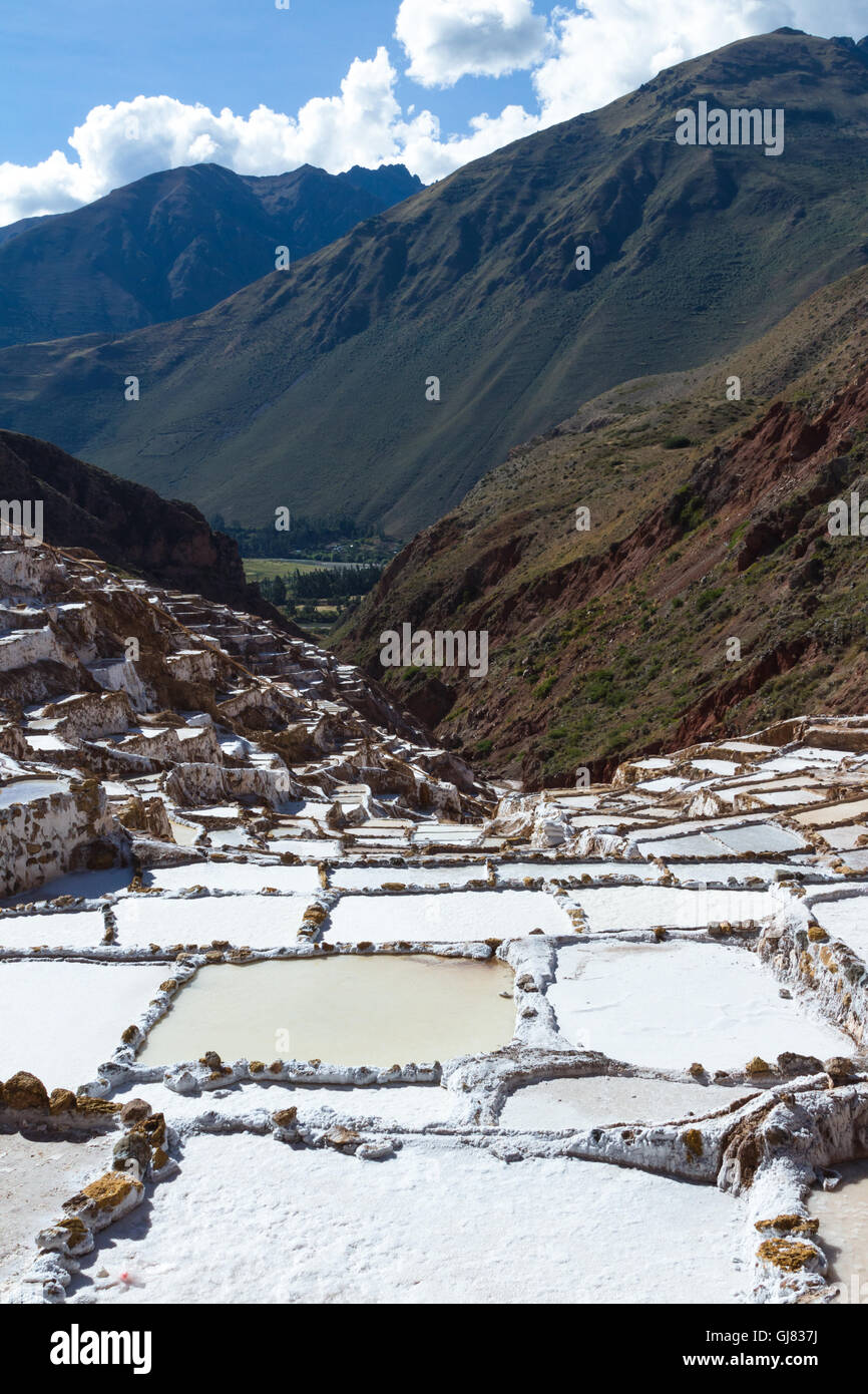 Salt ponds in Maras Peru covering a hillside with rich minerals and a ...