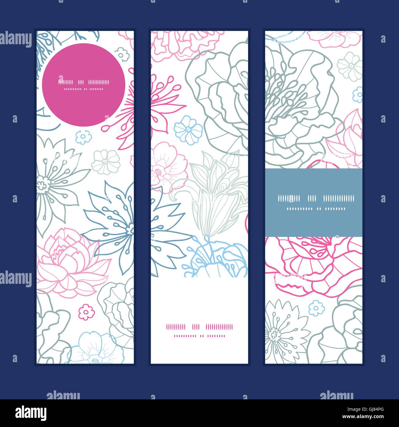 Vector gray and pink lineart florals vertical banners set pattern ...