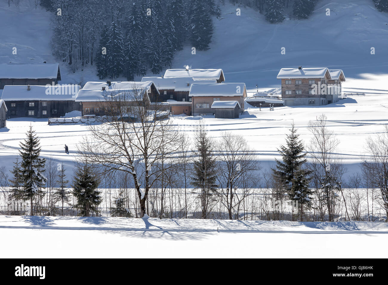 Alpine village in the snow Stock Photo - Alamy