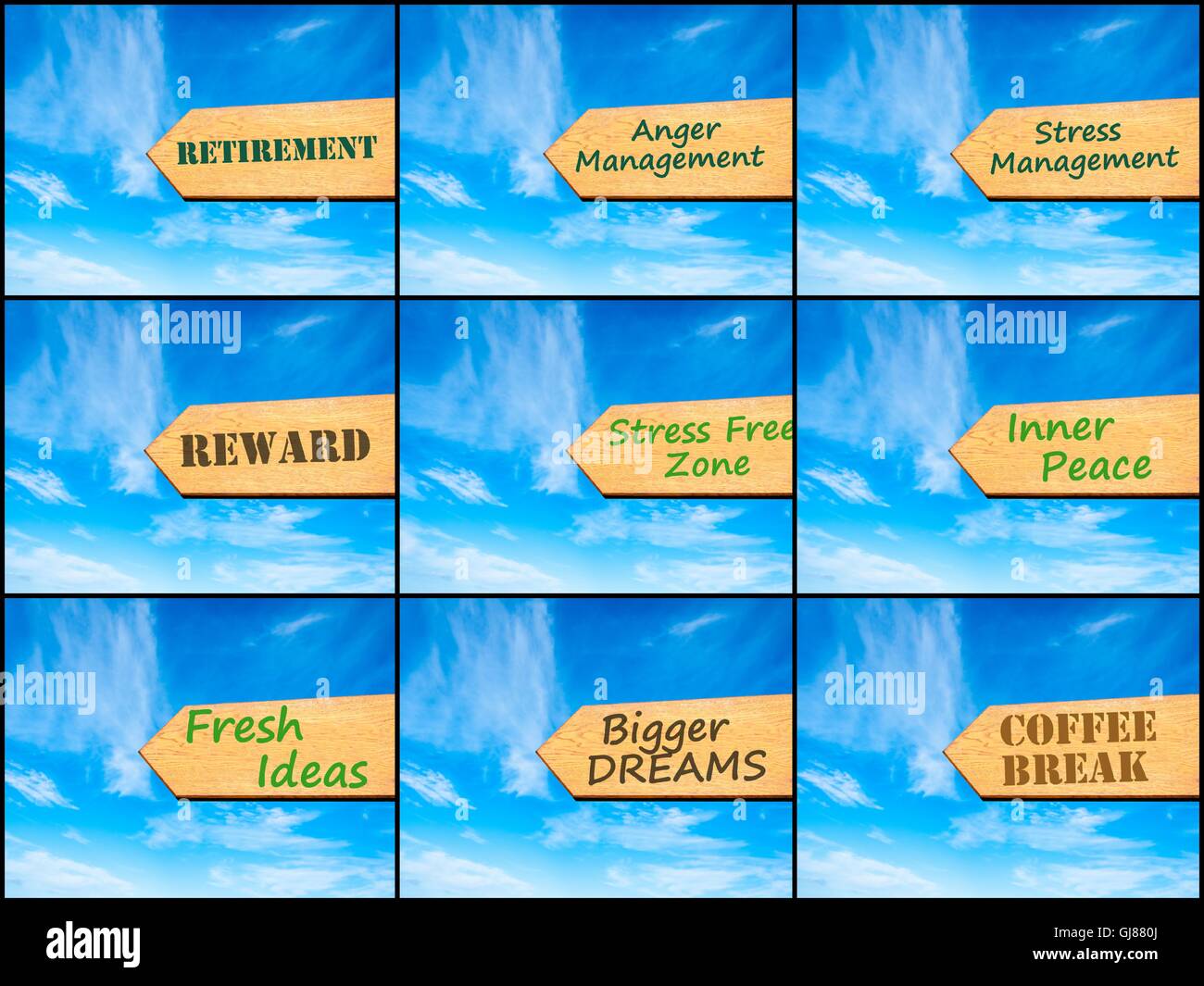 Photo collage of images with arrow over blue sky, motivational concept ...