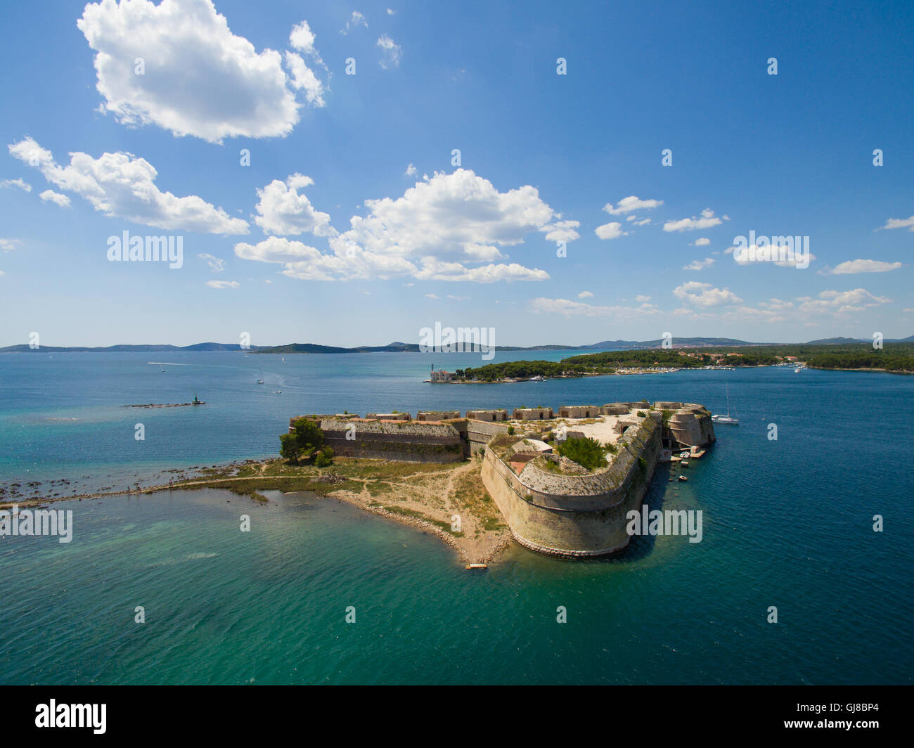 Aerial helicopter shot of St. Nicholas Fortress - Sibenik archipelago ...