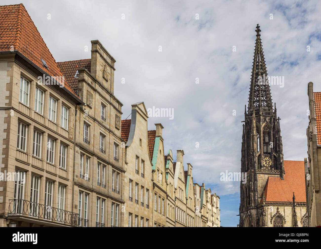 Facades and church tower at the Principal market square in Munster ...