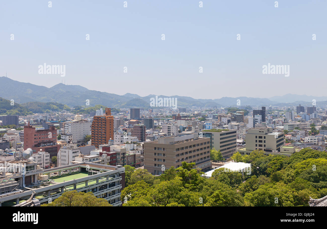 View of Kochi town from the main keep of Kochi castle. Kochi is the ...