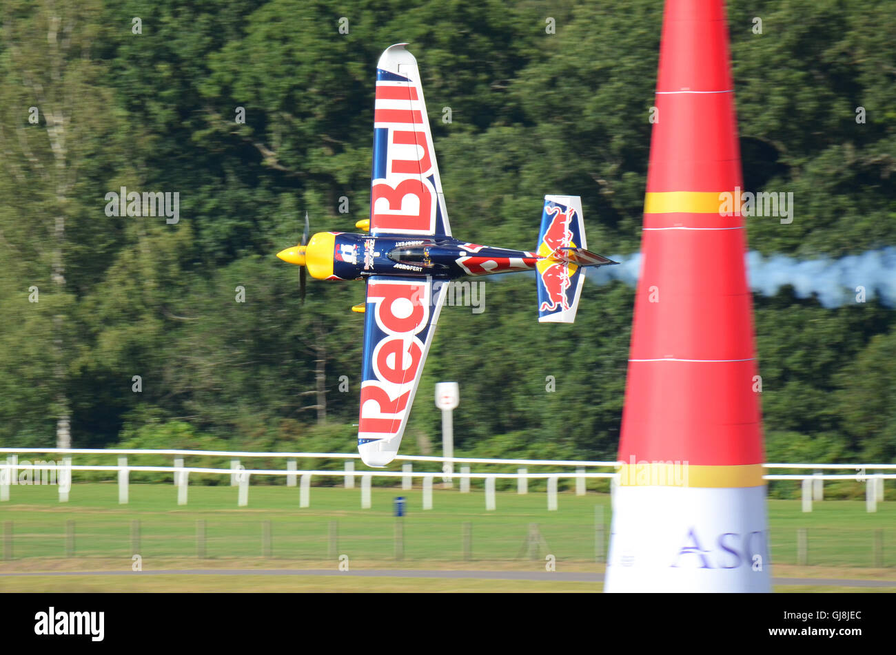 Red Bull Air Race series at Ascot racecourse. Pilot Martin Sonka turns ...