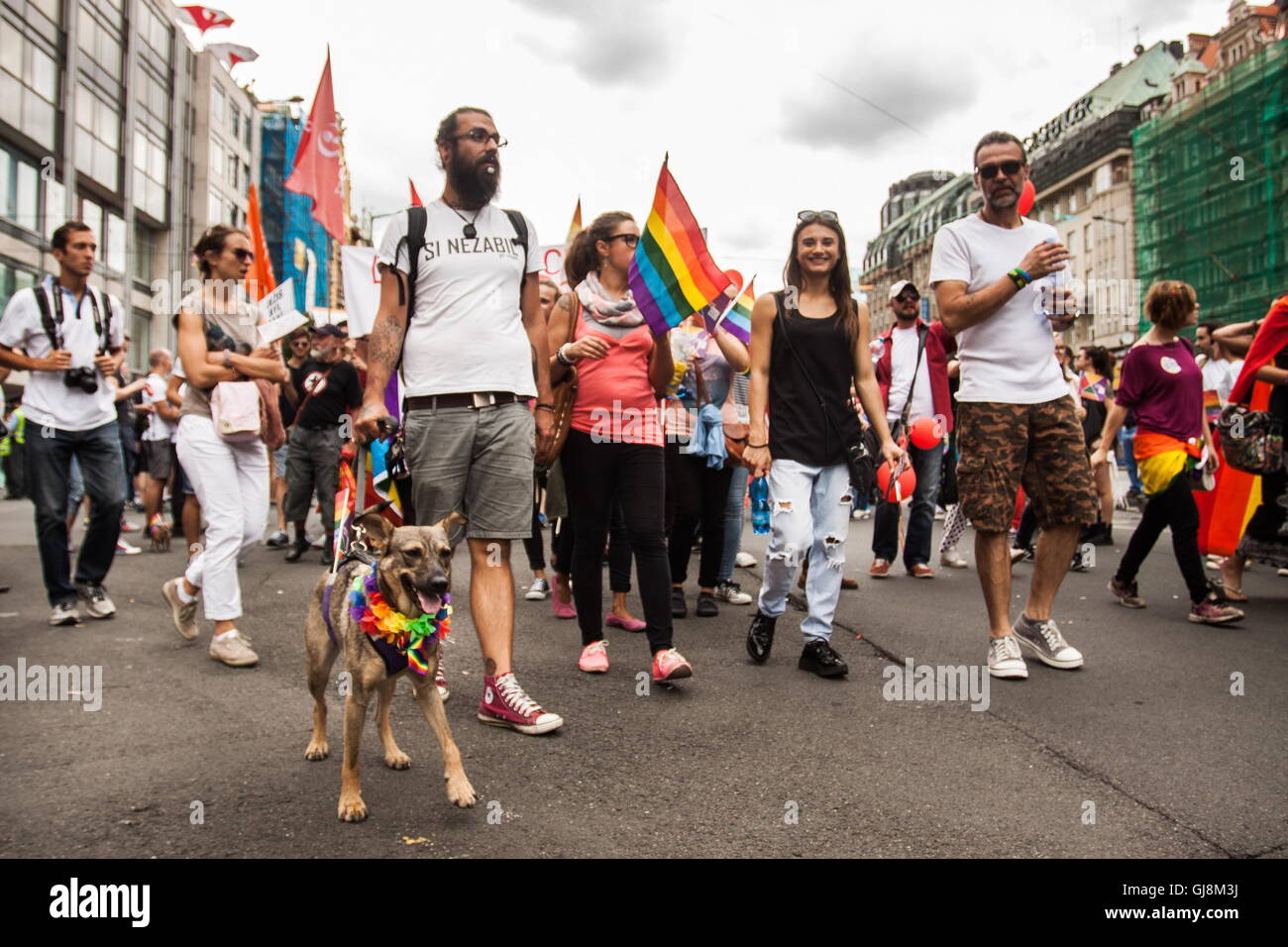 Prague, Czech Republic. 13th Aug, 2016. Participants walk in costume during Prague Gay Pride ...