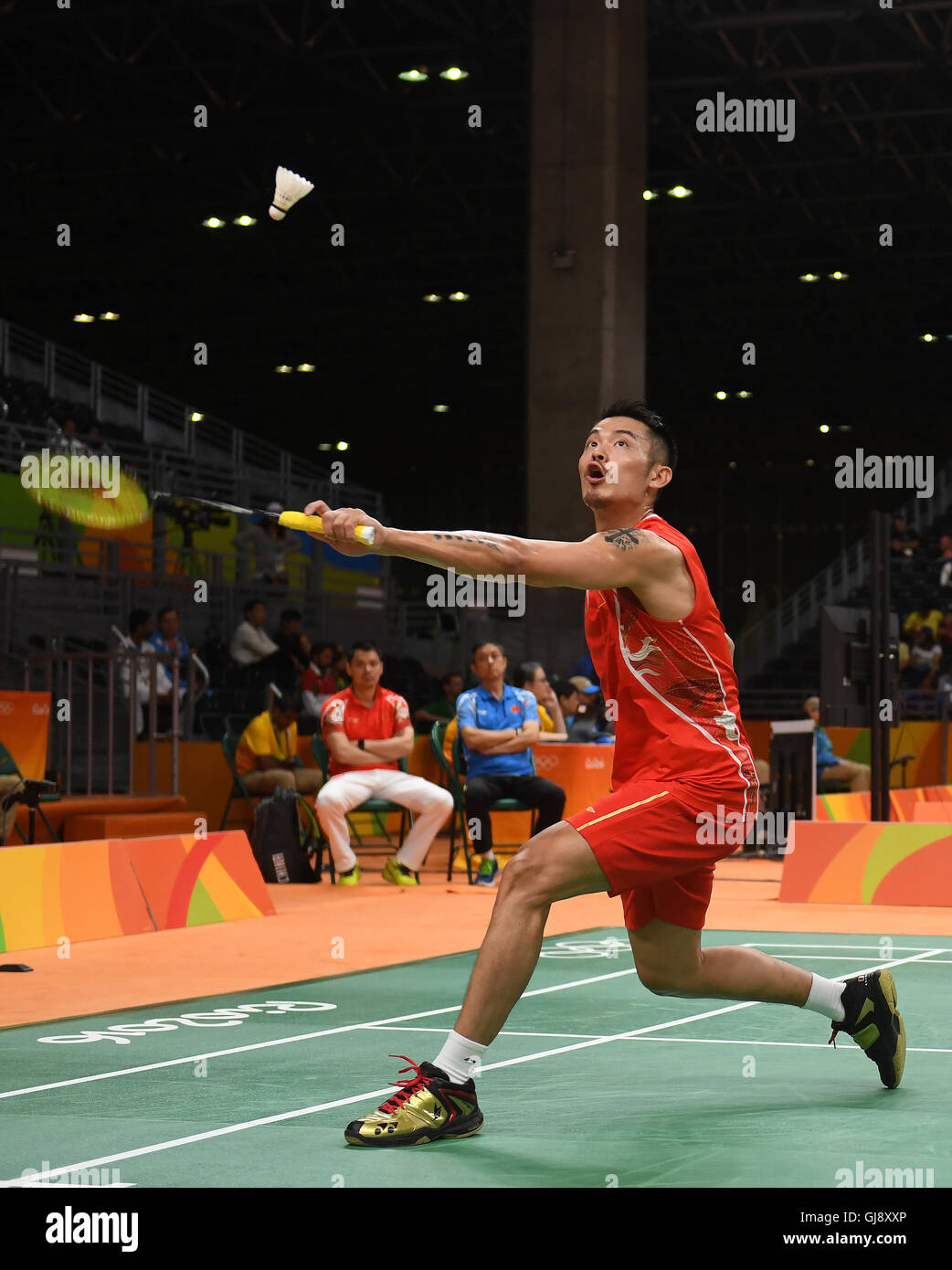Rio De Janeiro, Brazil. 14th Aug, 2016. China's Lin Dan competes ...