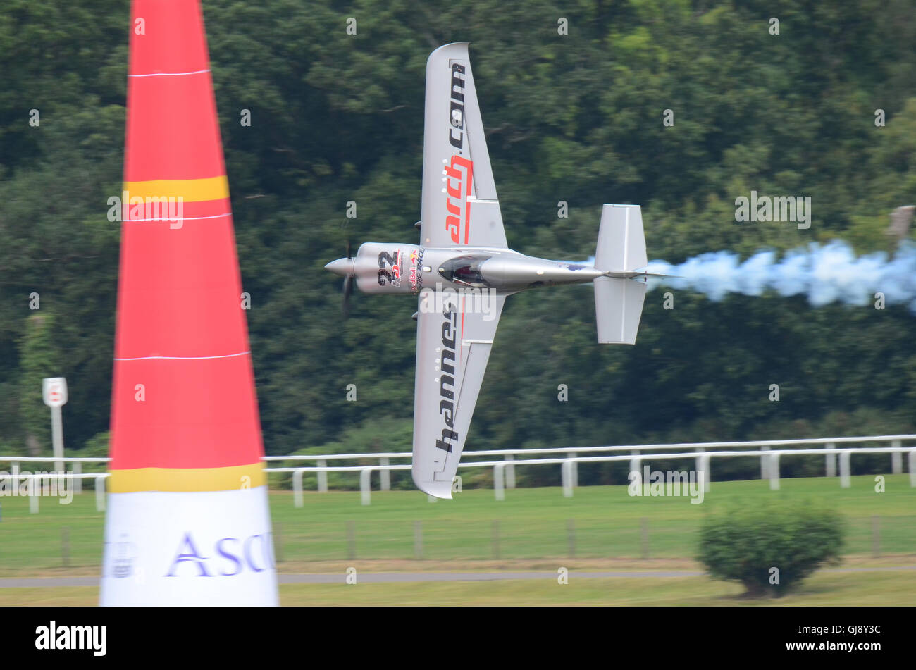 Red Bull Air Race series took place around Ascot racecourse. Plane of ...