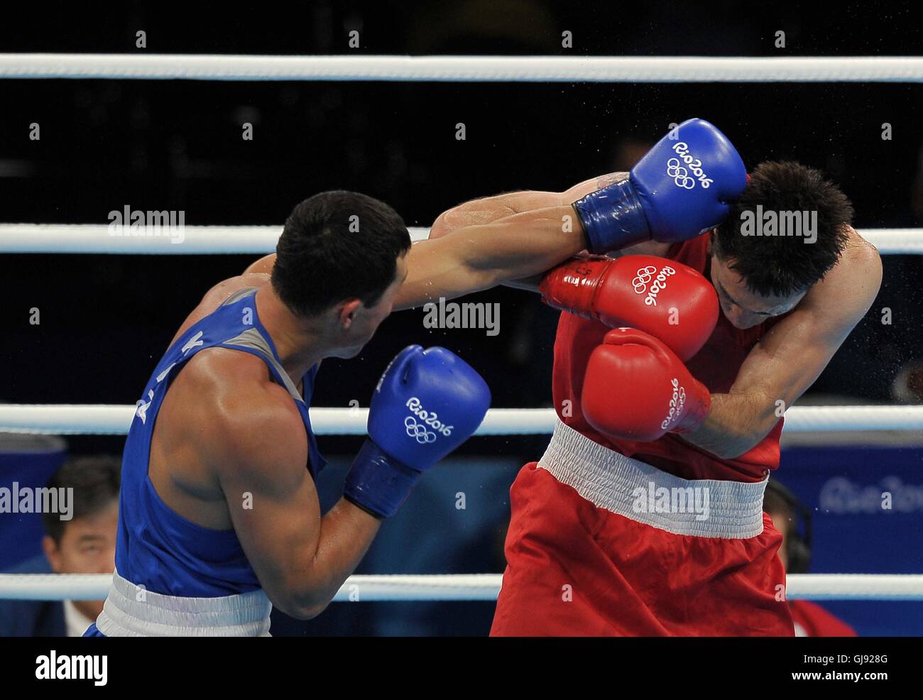 Teymur Mammadov (AZE, red) and Adilbek Niyazymbetov (KAZ). Boxing ...