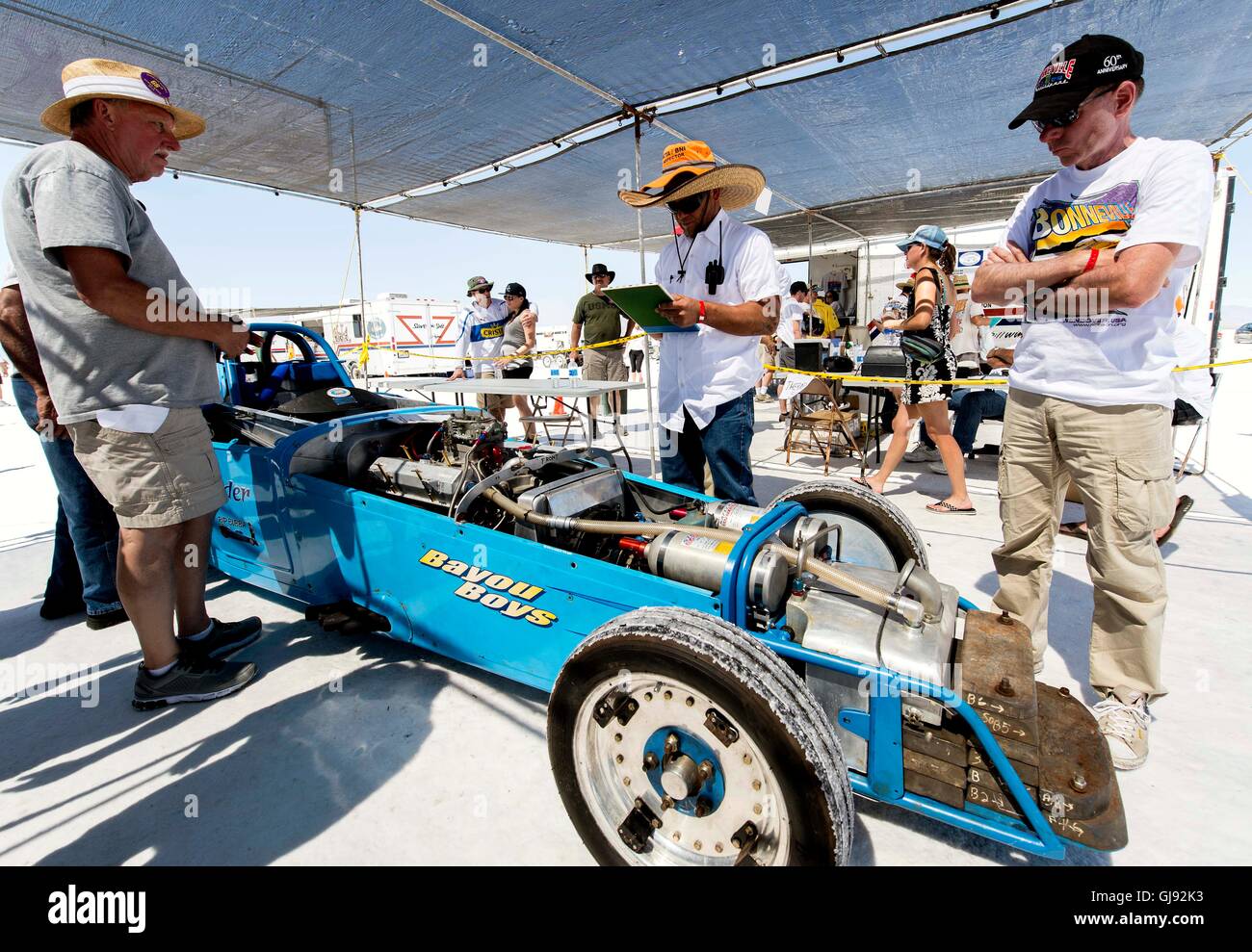 Wendover, Utah, USA. 14th Aug, 2016. A race car undergoes a tech ...