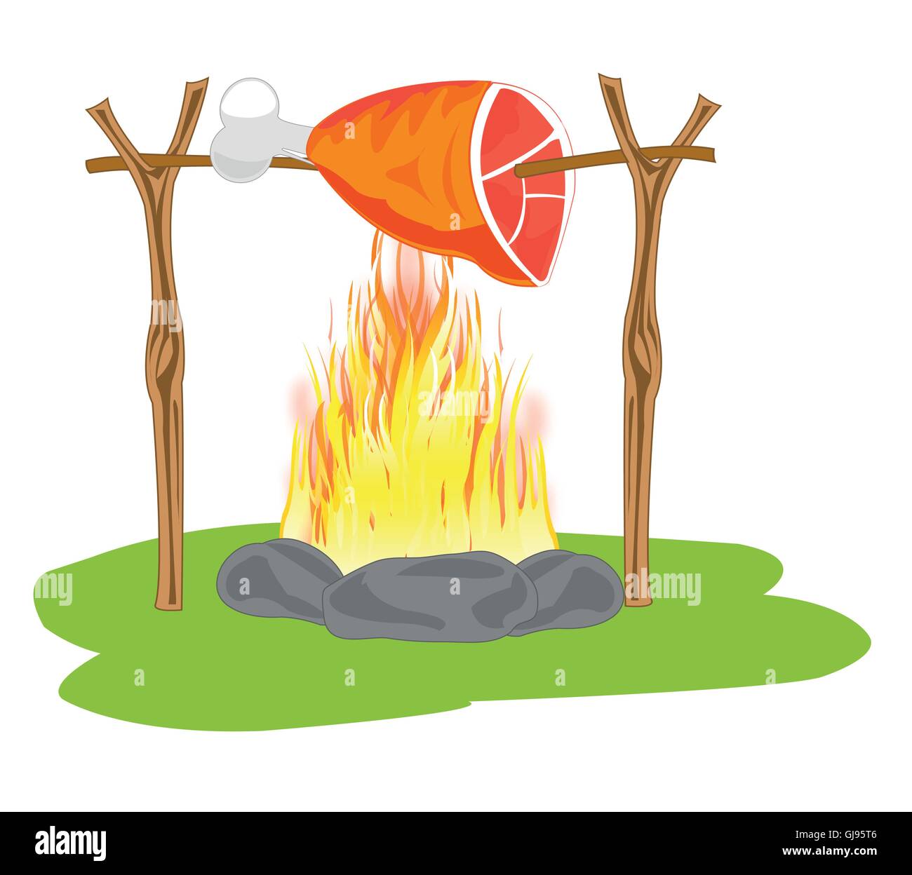The Meat ham on fire campfires in field condition.Vector illustration ...