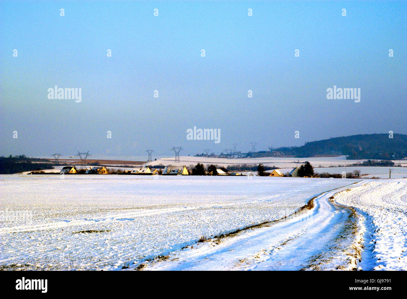 Snowy country road in the French department of Yvelines close to Paris ...