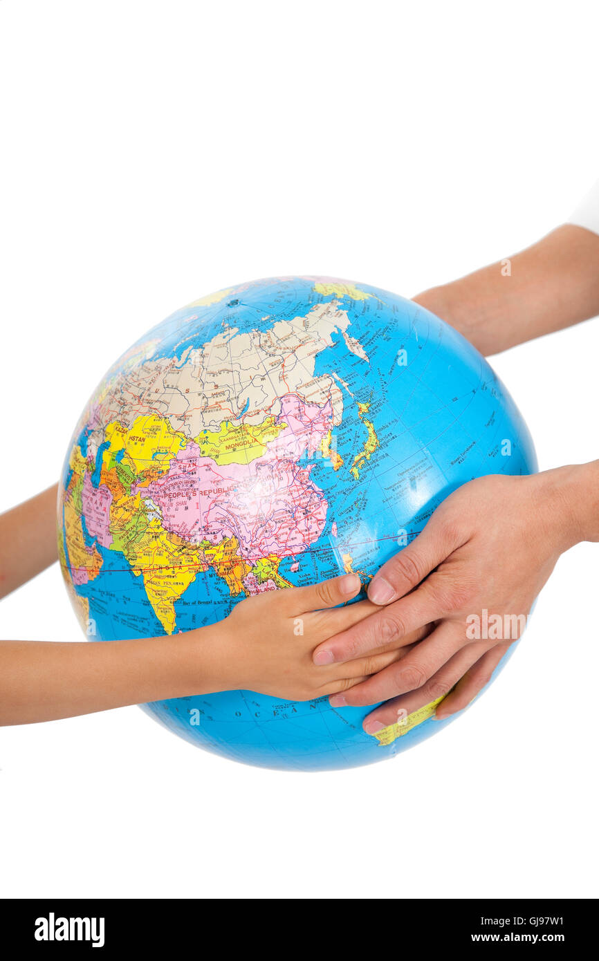 Two hugs globe Stock Photo - Alamy
