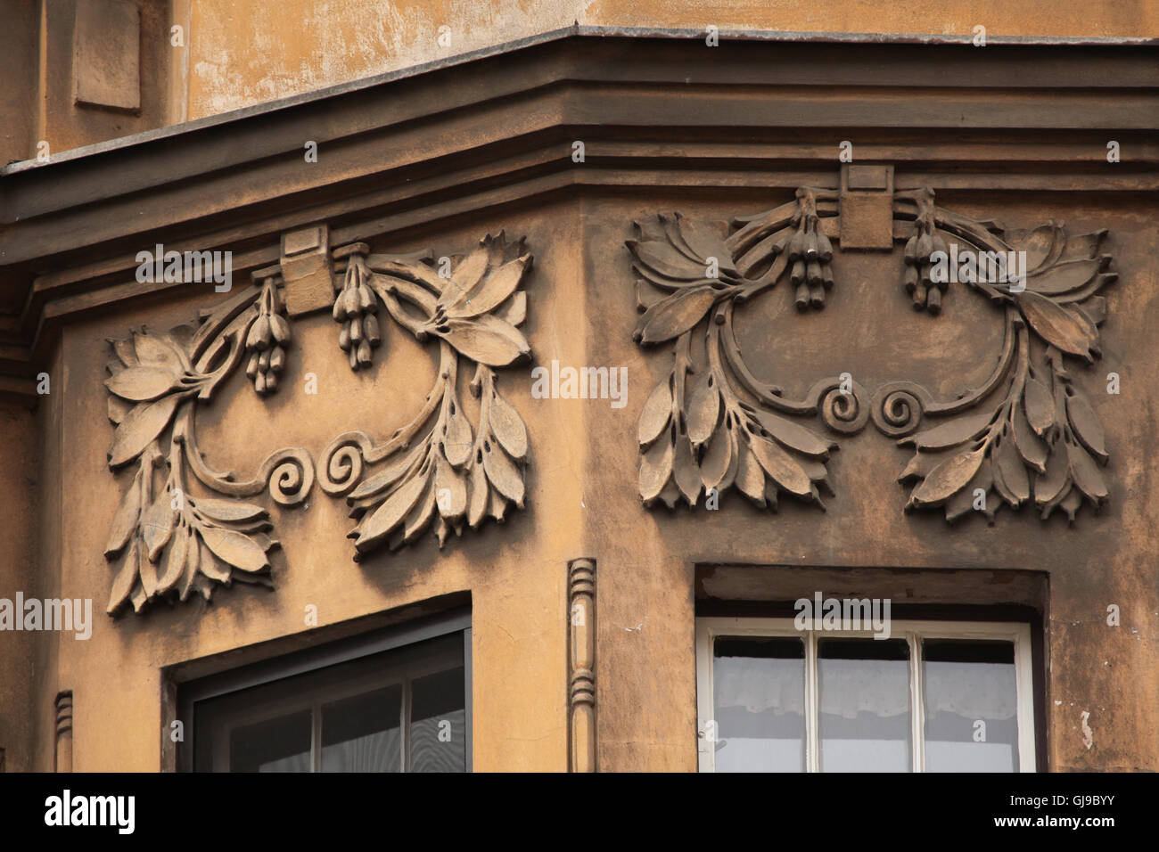 Art Nouveau stucco decoration on the revenue house in Dukelských Hrdinů ...
