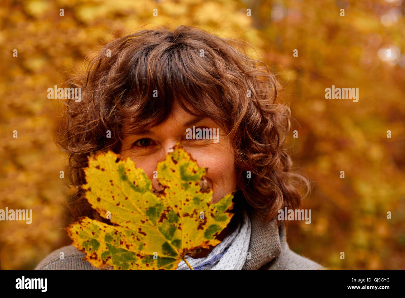 Mature woman hiding behind a maple leaf Stock Photo - Alamy