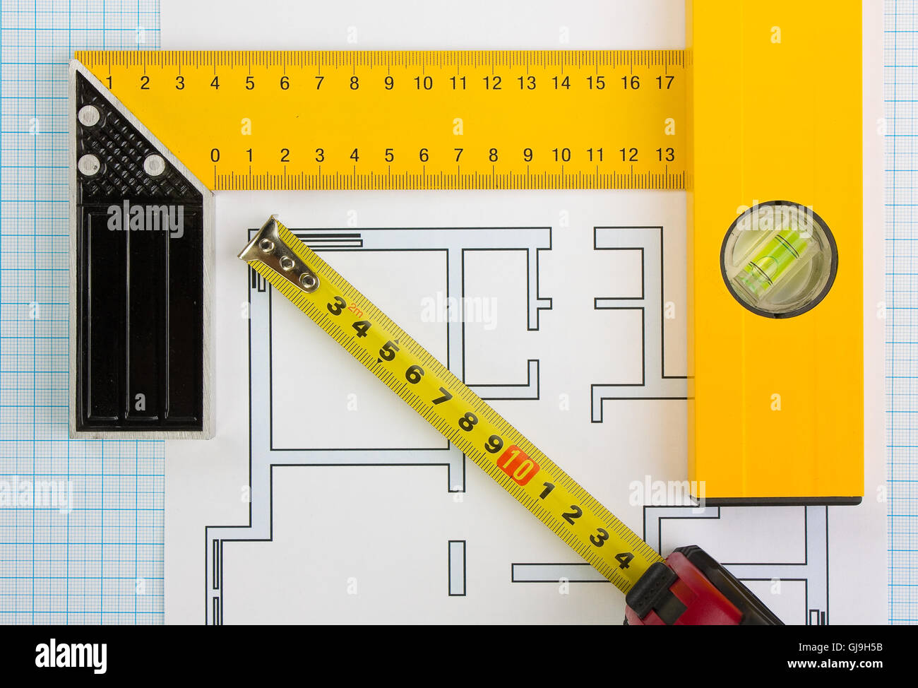 drawing at home with construction tools Stock Photo - Alamy
