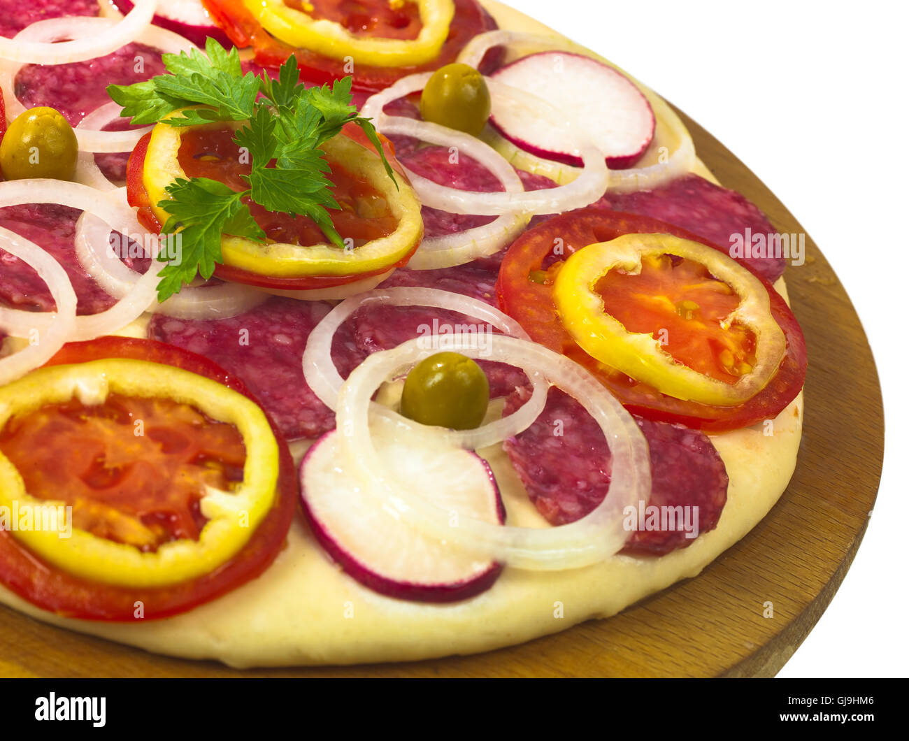 process of making pizza with ham and tomatoes Stock Photo - Alamy