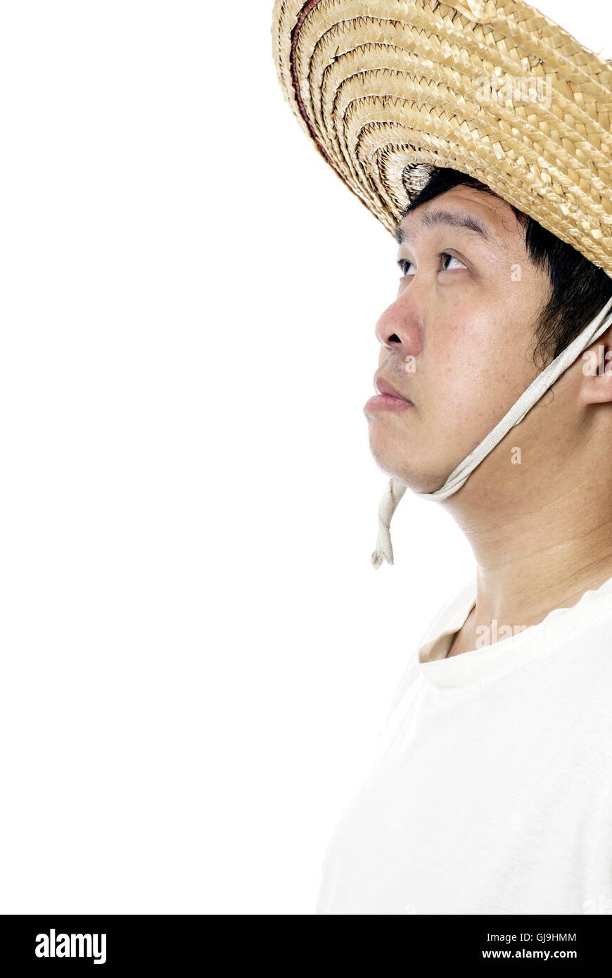 Asian peasant looking up with straw hat on white Stock Photo - Alamy