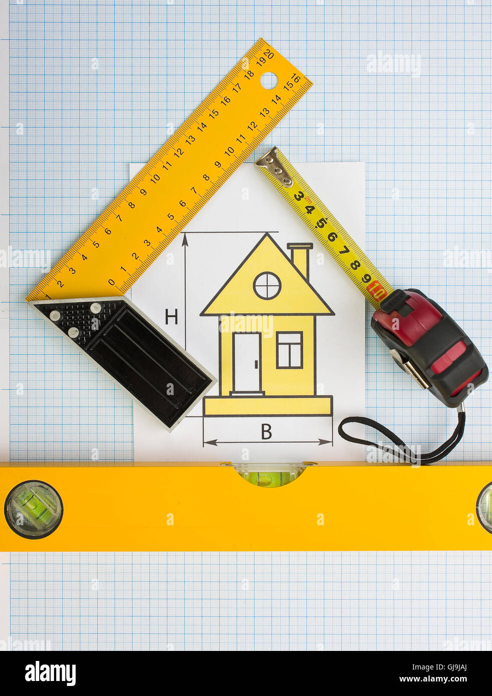 drawing at home with construction tools Stock Photo - Alamy