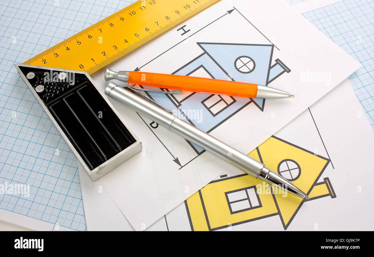 drawing at home with construction tools Stock Photo - Alamy