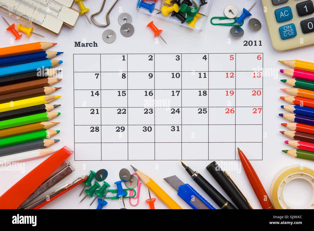 monthly calendar with office and stationery for 2011 Stock Photo - Alamy