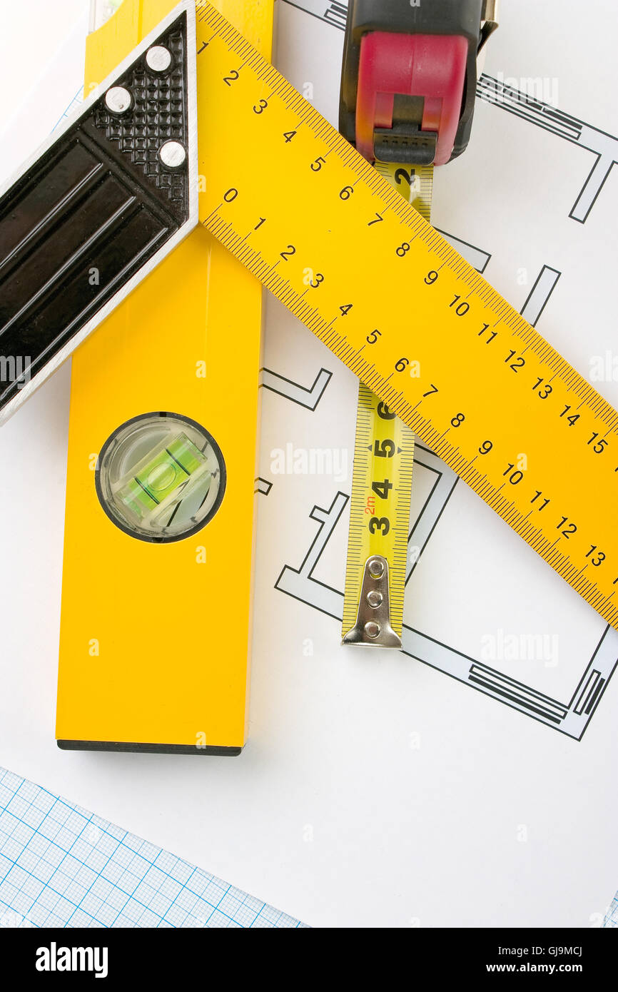 drawing at home with construction tools Stock Photo - Alamy