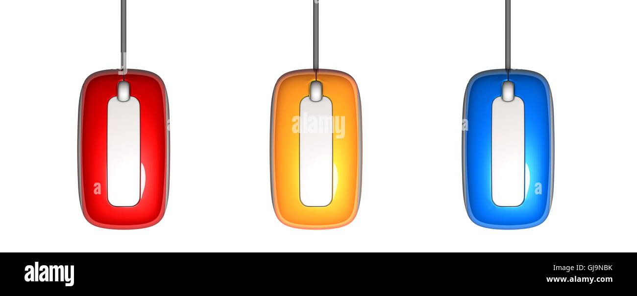 Three Mice in a Row - Shiny Red, Orange, Blue Stock Photo - Alamy