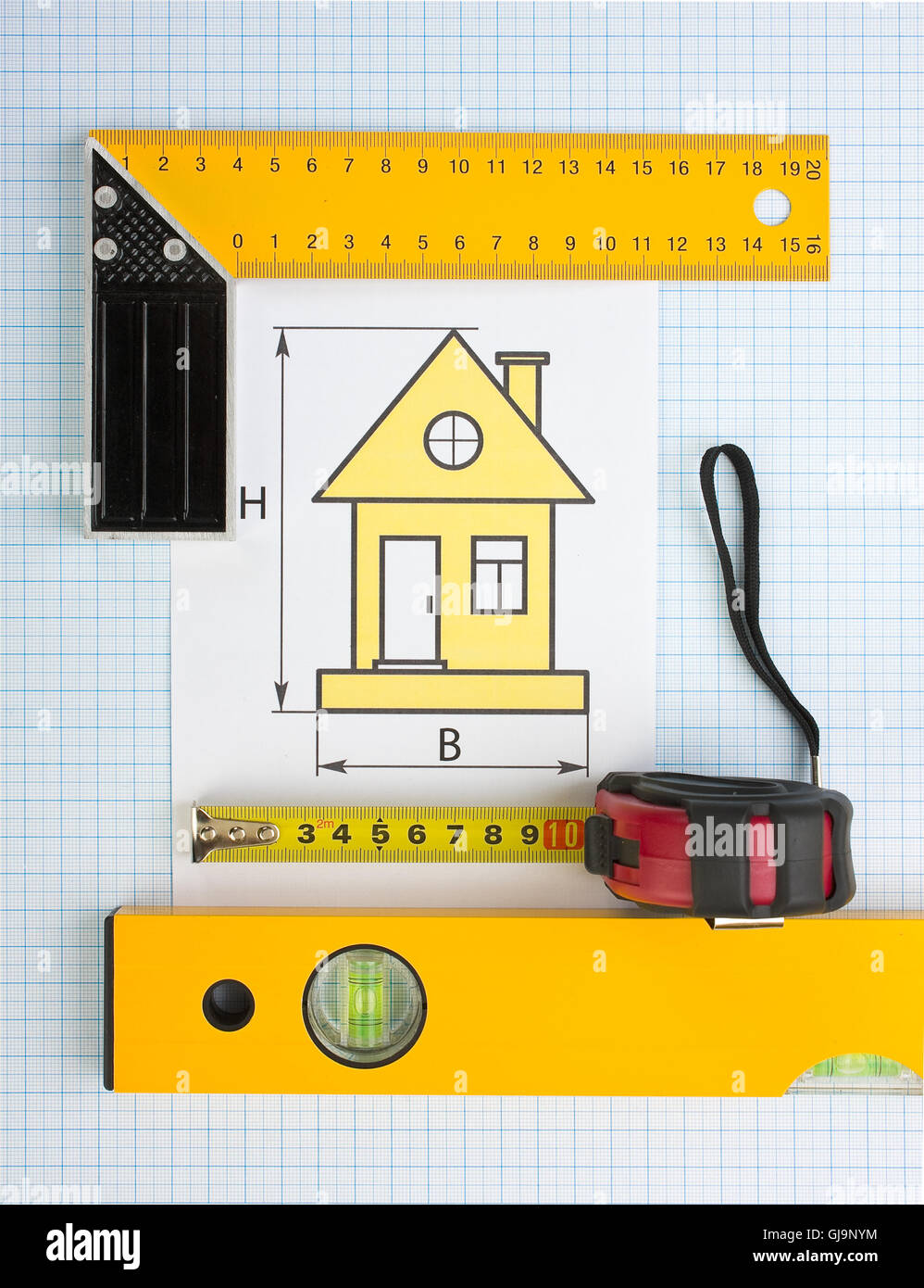drawing at home with construction tools Stock Photo - Alamy