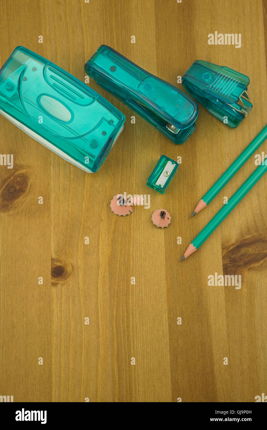 Elevated View a Paper hole punch,stapler,staple remover,pencils Stock ...