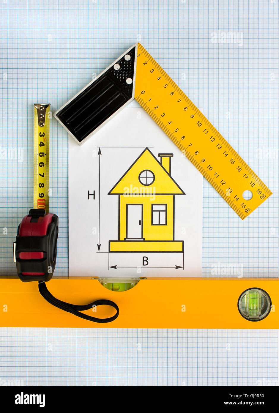 drawing at home with construction tools Stock Photo - Alamy