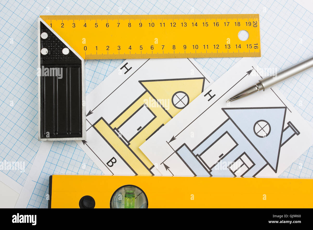 drawing at home with construction tools Stock Photo - Alamy