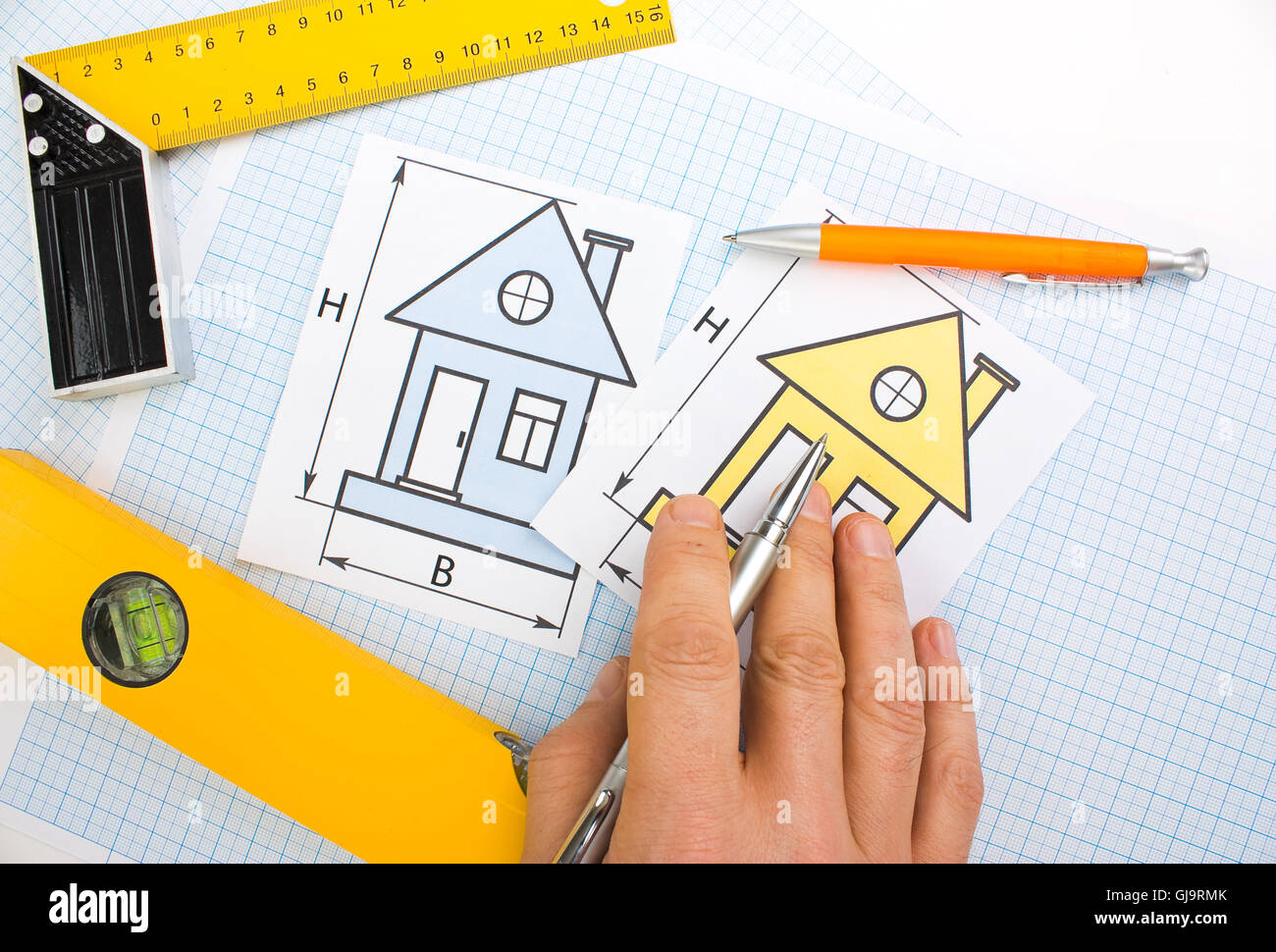 drawing at home with construction tools Stock Photo - Alamy