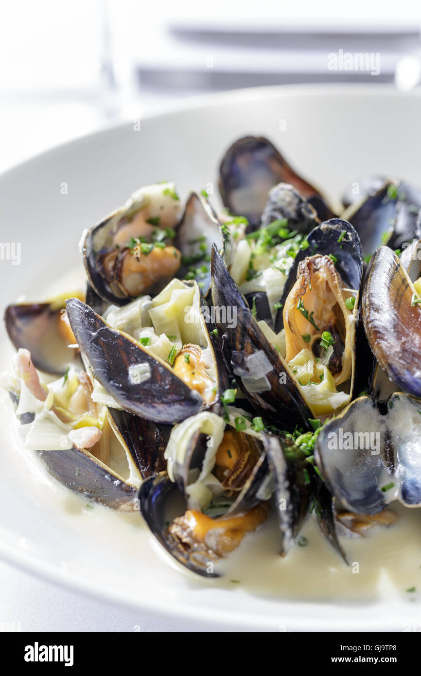 Mussels, Moule Mariniere served on white plate in restaurant Stock ...