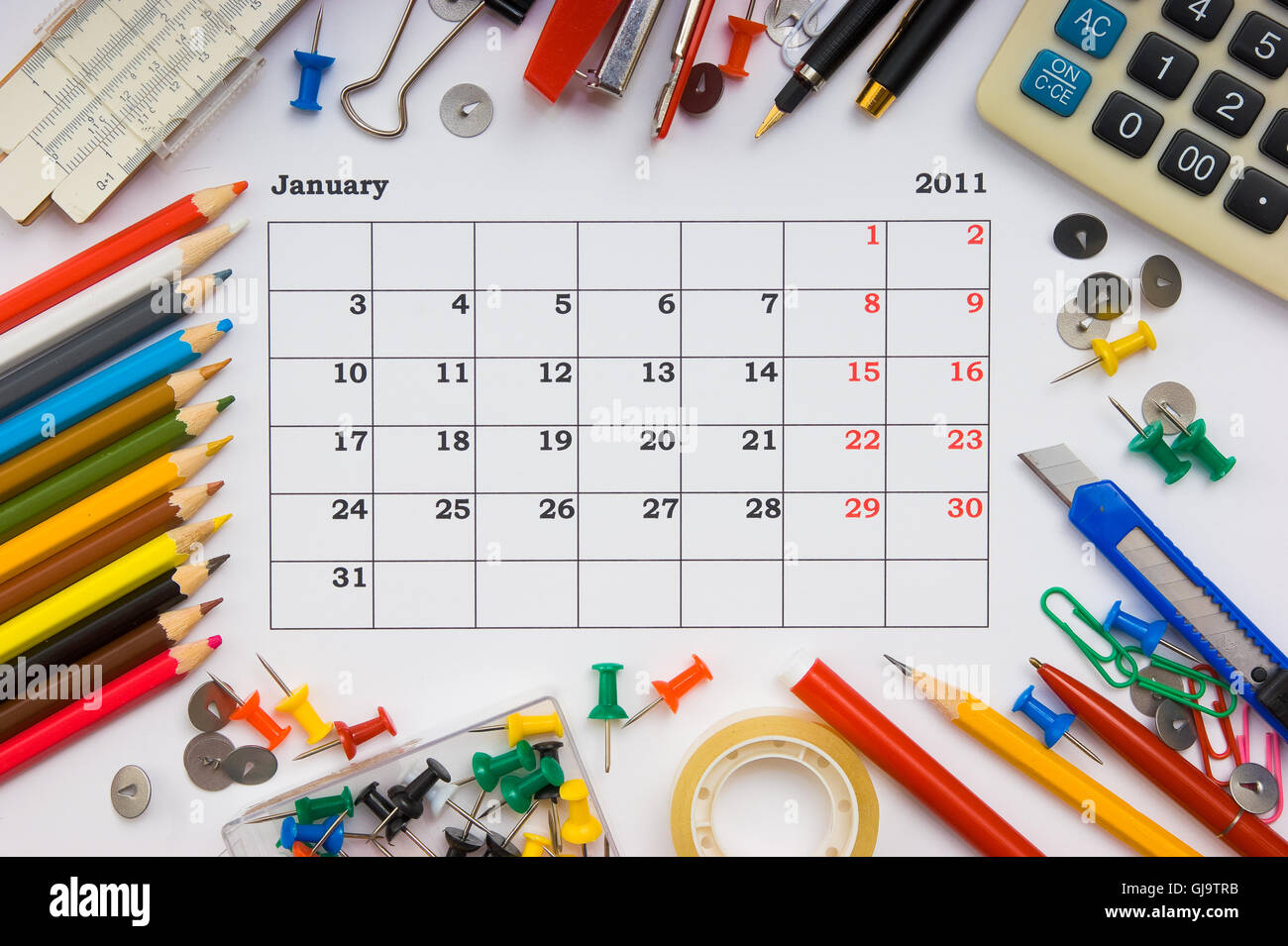 monthly calendar with office and stationery for 2011 Stock Photo - Alamy